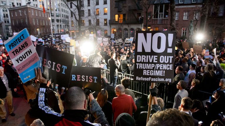 LGBTQ rally at Stonewall Inn protests Trump’s reversal of transgender ...