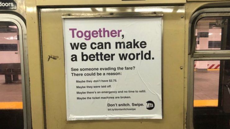 Guerrilla MTA signs tell New Yorkers, ‘Don’t snitch. Swipe,’ defending ...