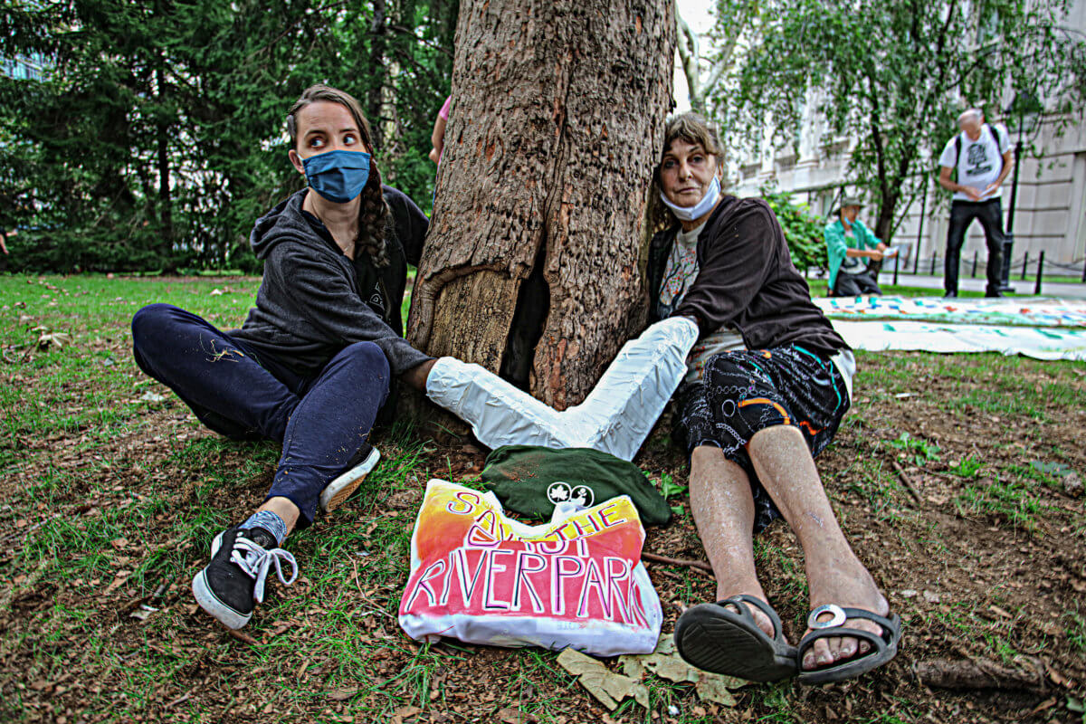 Tree-hugging activists chain themselves at City Hall to protest East ...