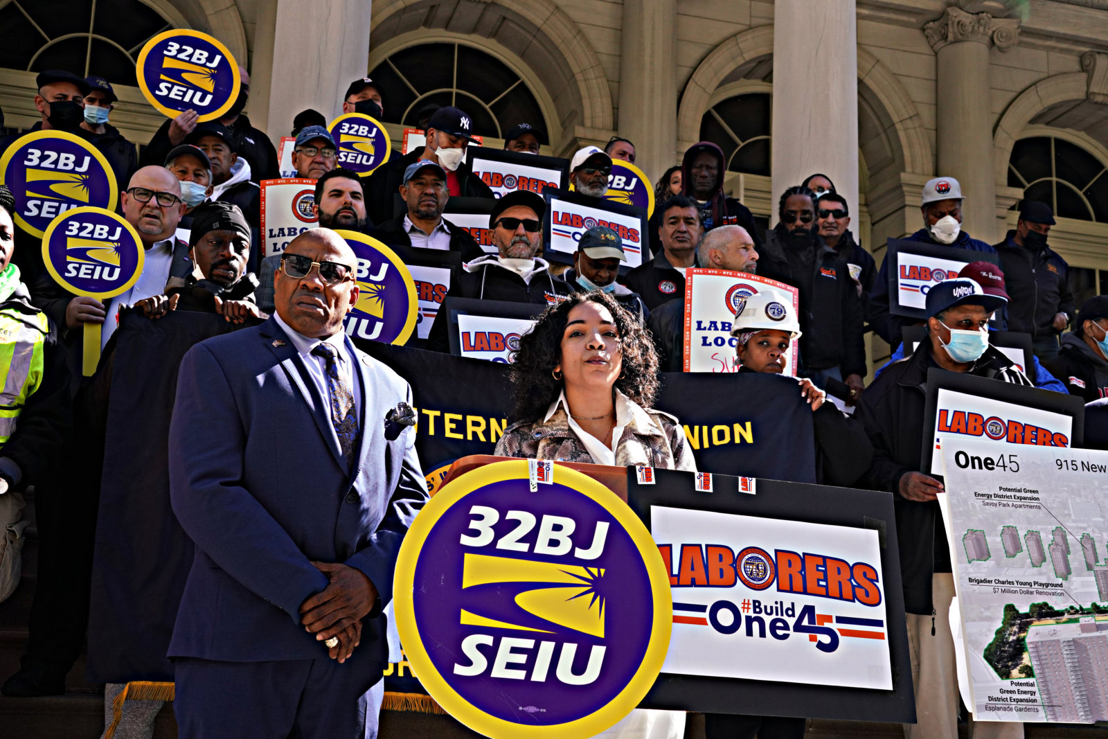 Labor unions rally for One45 Harlem apartment towers ahead of City ...